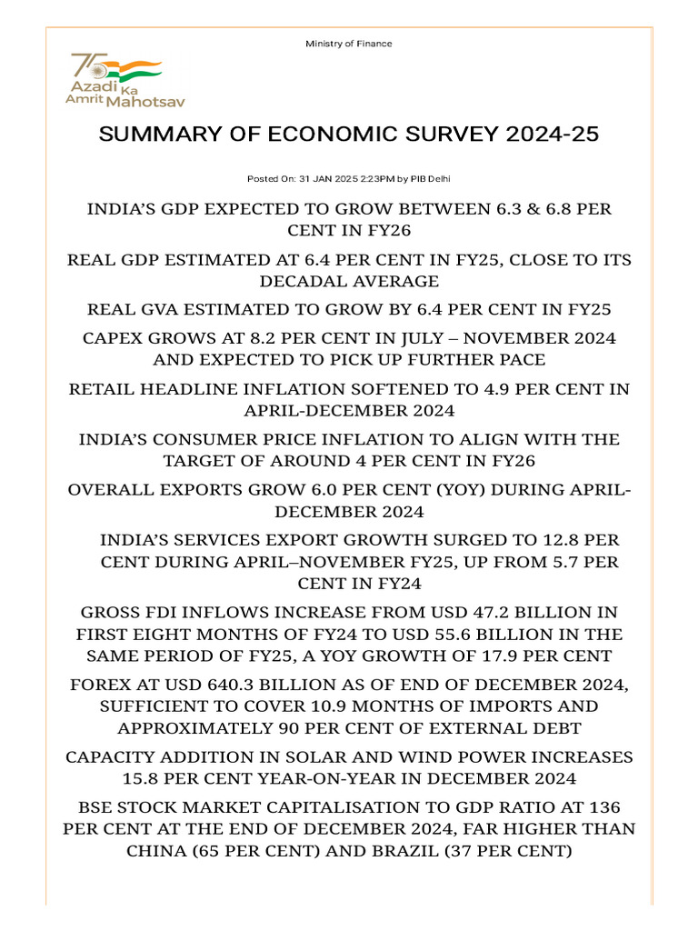 Economic Survey 2024-25 Highlights | PDF | Inflation | Economic Growth