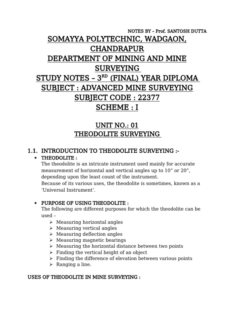 ADVANCED MINE SURVEYING - NOTES - 22377 - FINAL YEAR - MINING | PDF ...