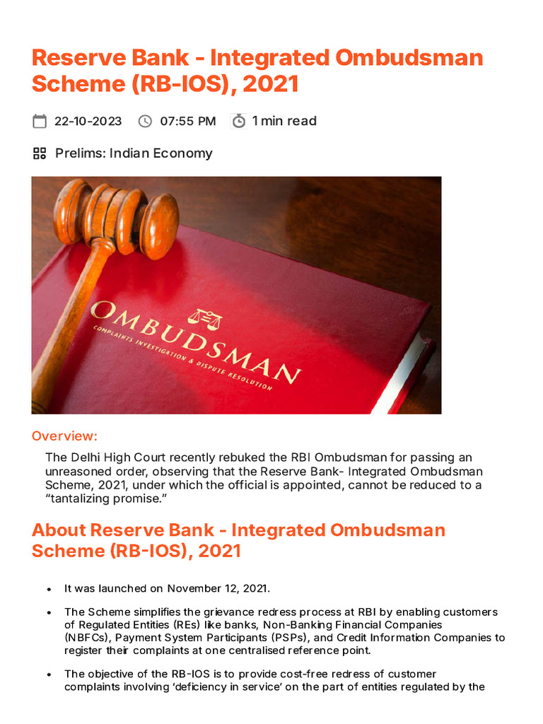 RBI Integrated Ombudsman Scheme Overview | PDF | Banks | Reserve Bank ...