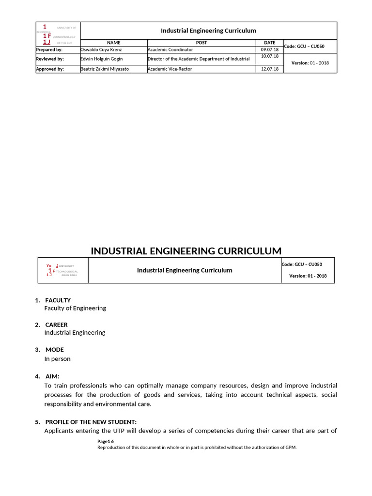 UTP Industrial Engineering Curriculum | PDF | Engineering | Industrial Engineering