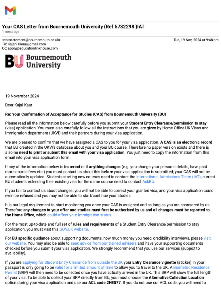 Gmail - Your CAS Letter From Bournemouth University (Ref - 5732298) IAT | PDF | Travel Visa