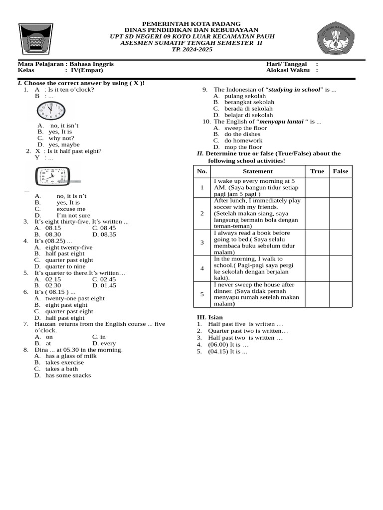 Soal B. Inggris ASTS II Kelas 4 | PDF