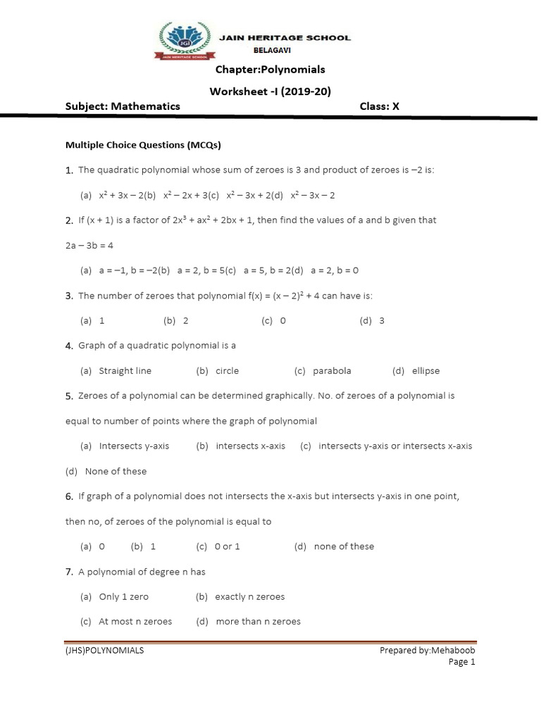Polynomials MCQ Worksheet for Class X | PDF | Polynomial | Zero Of A Function