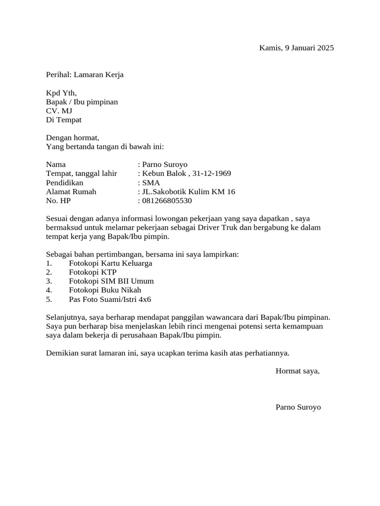 Surat Lamaran Kerja MJ | PDF