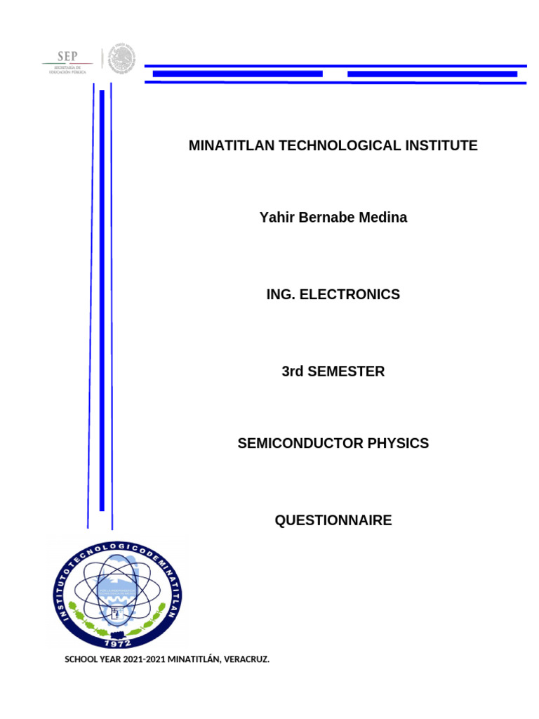 Questionnaire Topic 1 Physics of Semiconductors | PDF | Semiconductors | Electron Hole