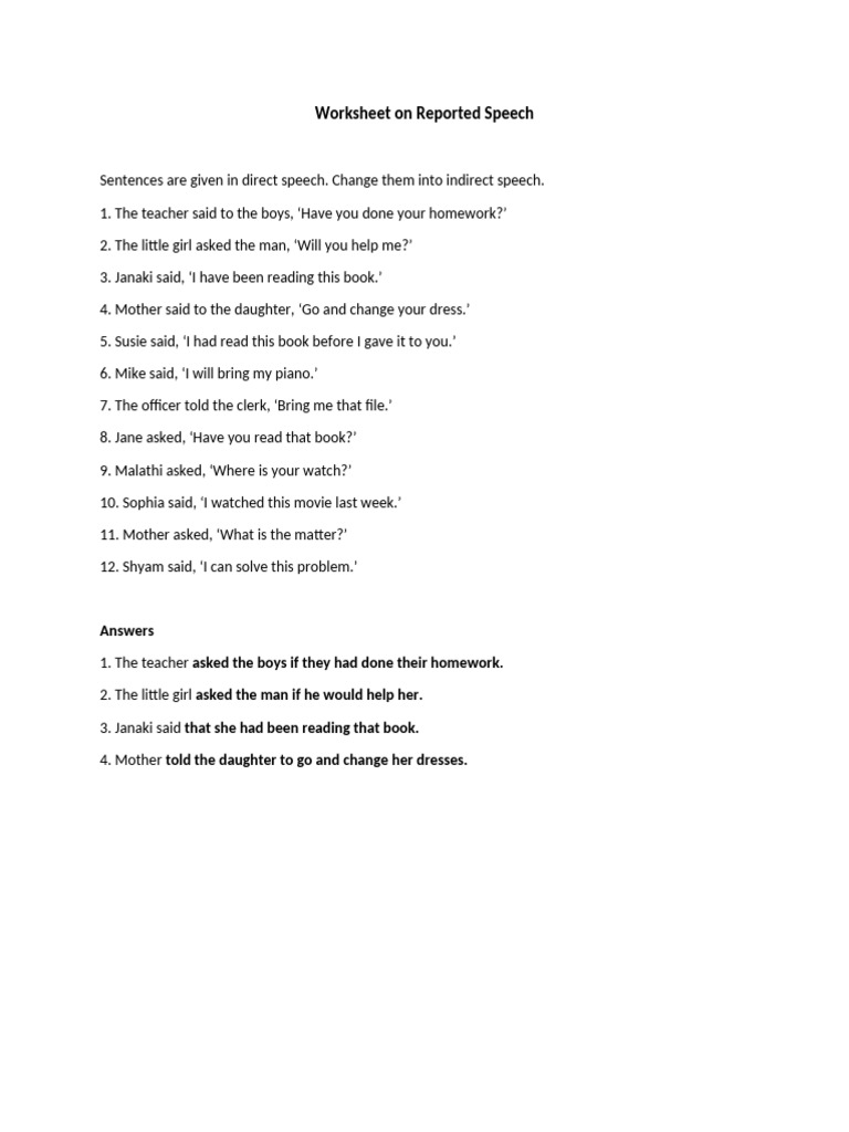 Reported Speech Questions Worksheet | PDF