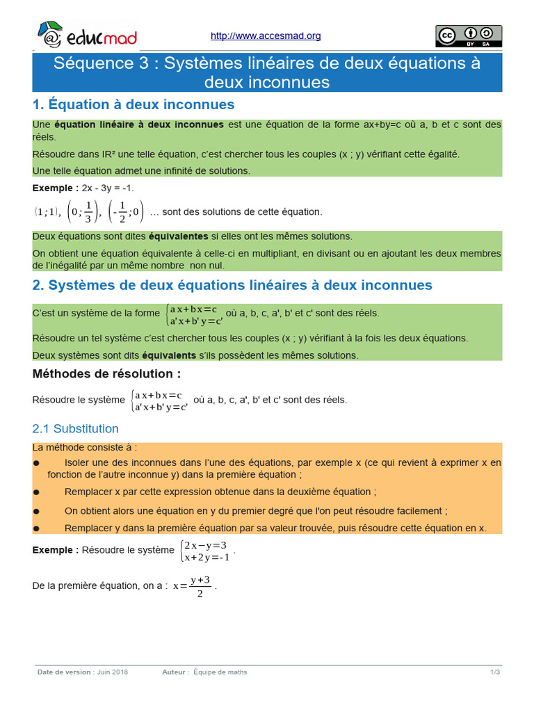 Résolution de systèmes linéaires à deux inconnues | PDF | Équations ...