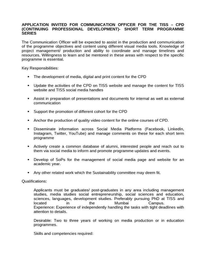 Communication Officer Application - TISS CPD | PDF | Social Media ...