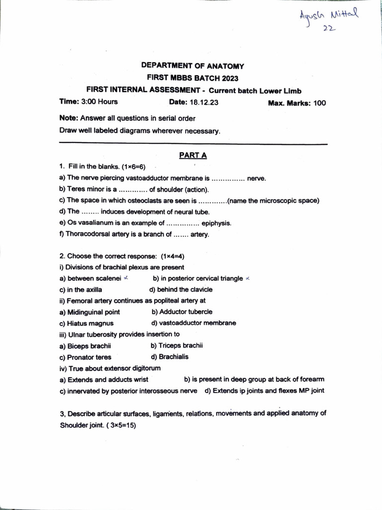 I Internals 1st Year | PDF | Musculoskeletal System | Human Anatomy