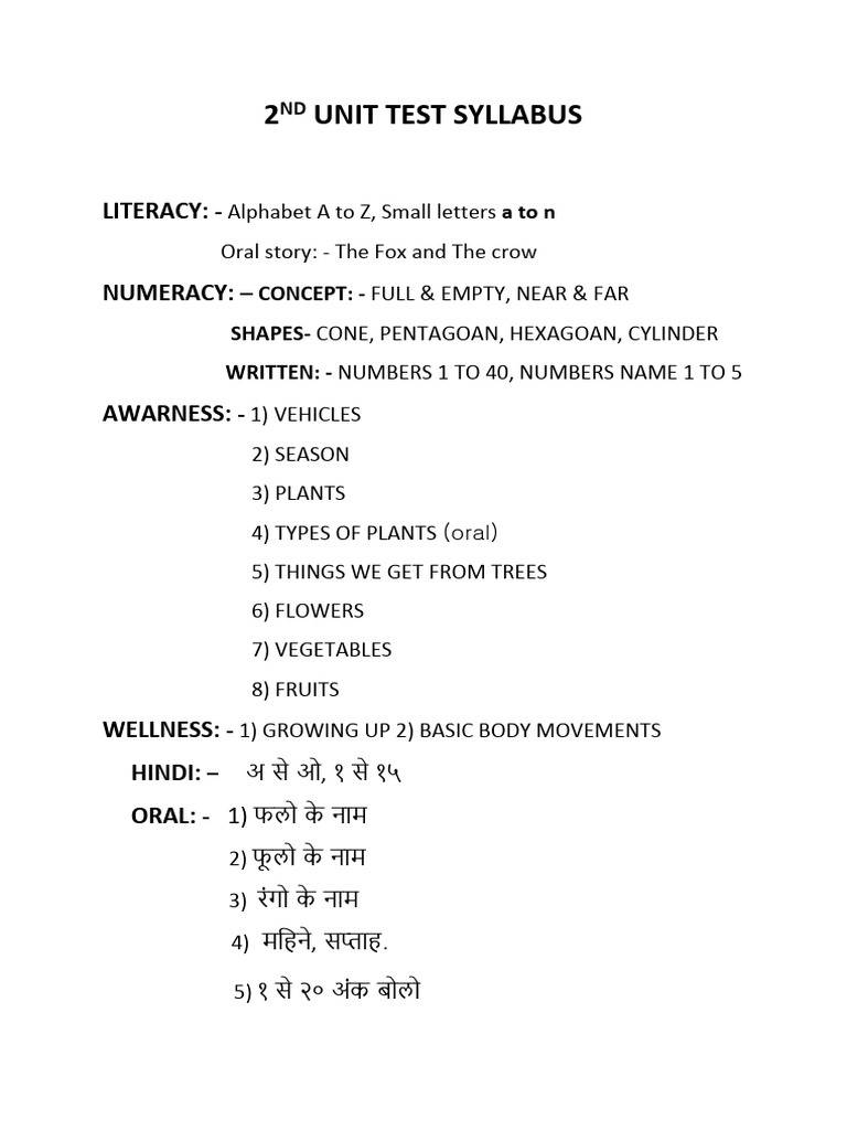 Class 2 Second Unit Test Syllabus | PDF