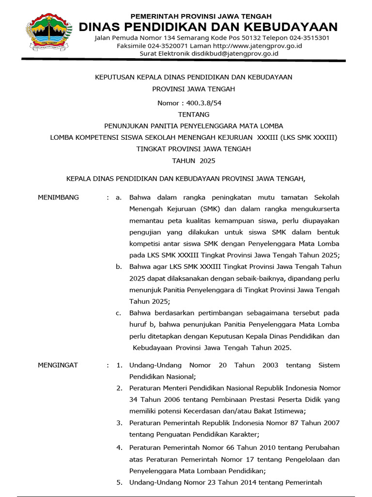 Keputusan Kepala Disdikbud Prov. Jateng Tentang Penunjukan Panitia Penyelenggara Mata Lomba LKS ...
