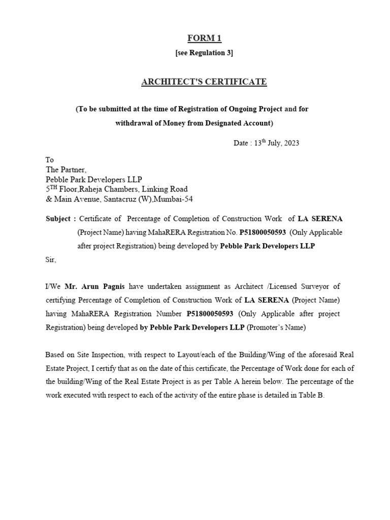 1 Architect's Certificate of Percentage of Completion of Work (Form 1 ...