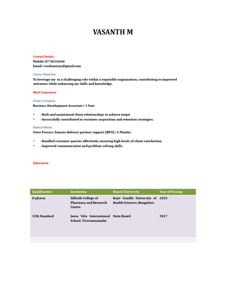 Resume Vasanth Copy | PDF