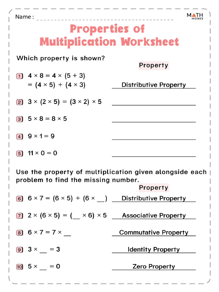 Properties of Multiplication Grade 3 Worksheets | PDF