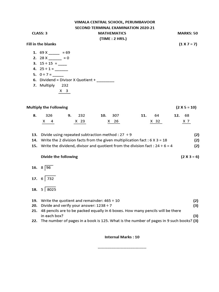 Class 3 Mathematics Exam Paper 2020-21 | PDF
