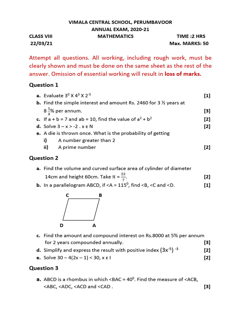 Class VIII Mathematics Exam 2020-21 | PDF | Geometric Measurement ...