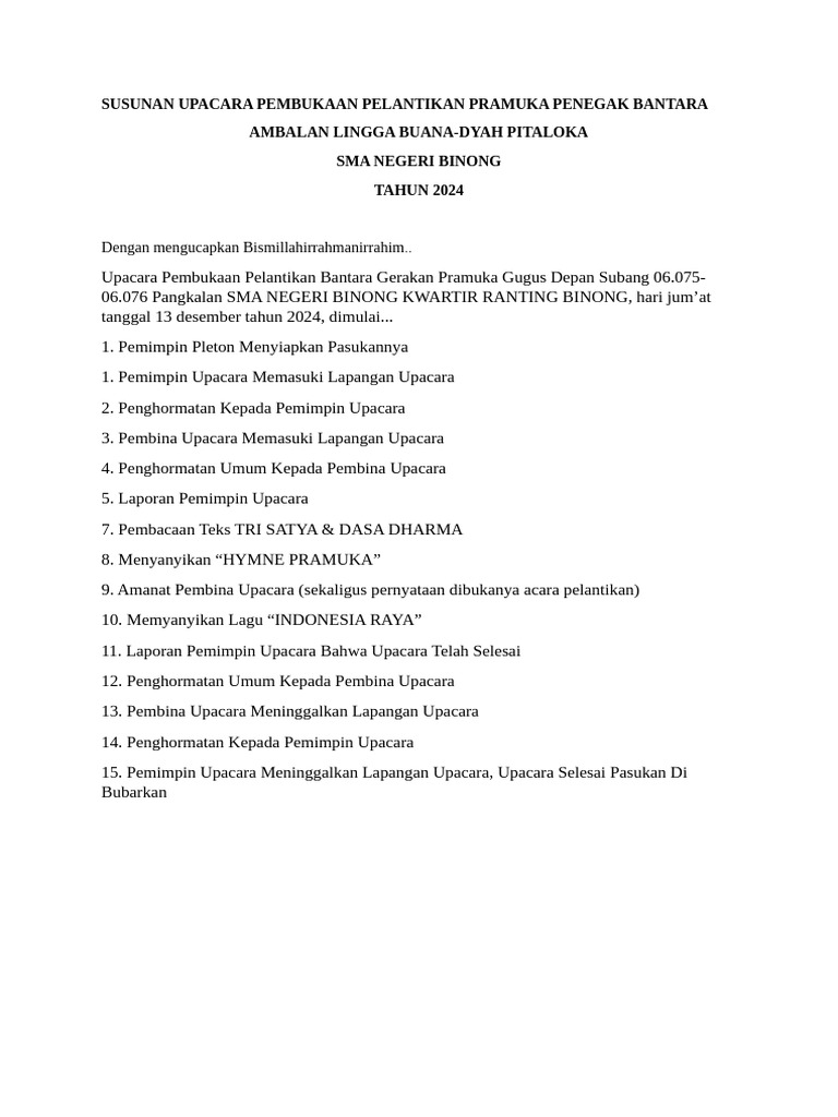 SUSUNAN UPACARA PEMBUKAAN PELANTIKAN PRAMUKA PENEGAK BANTARA | PDF