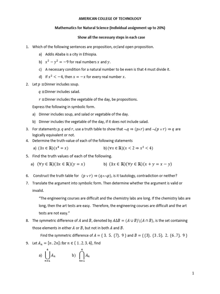 Assignment Math 1011 2017 For NS | PDF | Syntax (Logic) | Logic