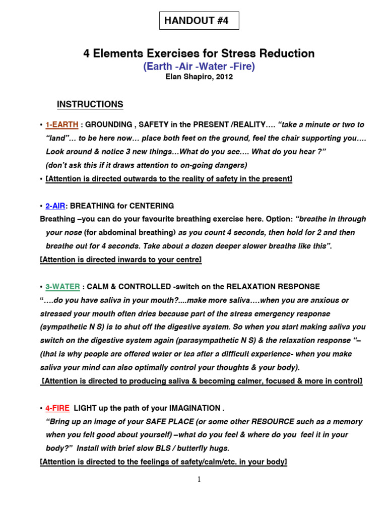 4 Elements Exercises For Stress Reduction Handout (Earth-Air-Water-Fire ...