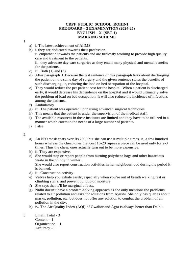 Class 10; Pre Board 2; Marking Scheme; English; 2024-25 | PDF | Patient | Hospital