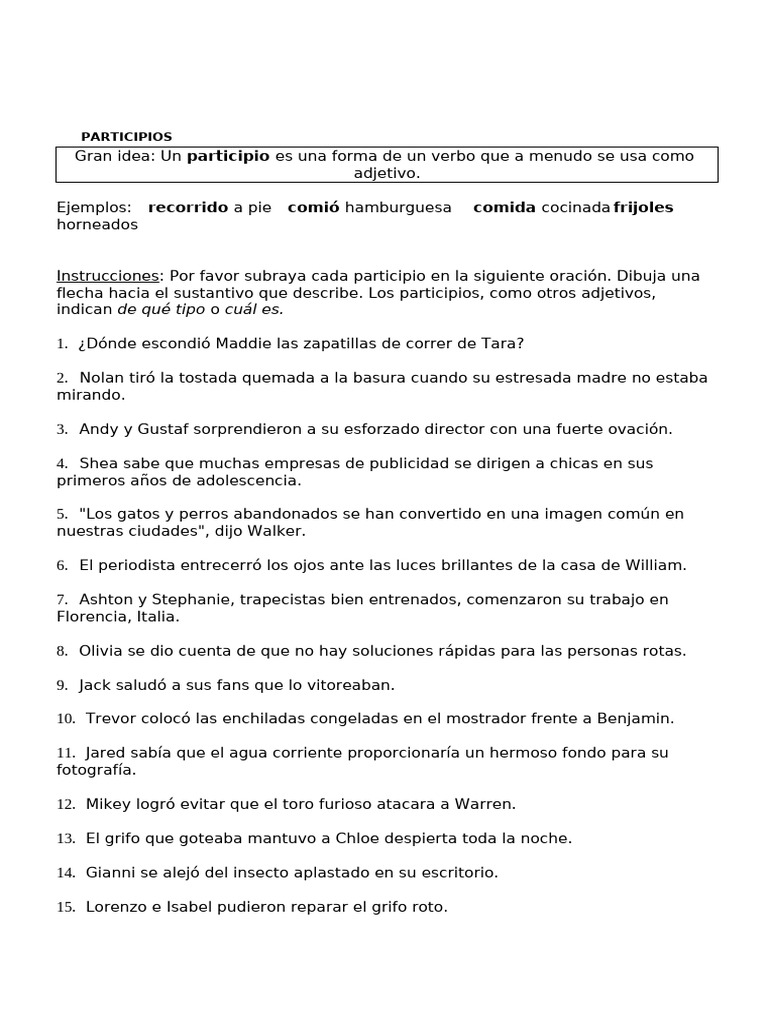 Participios: Ejercicios y Ejemplos | PDF | Sintaxis | Lingüística