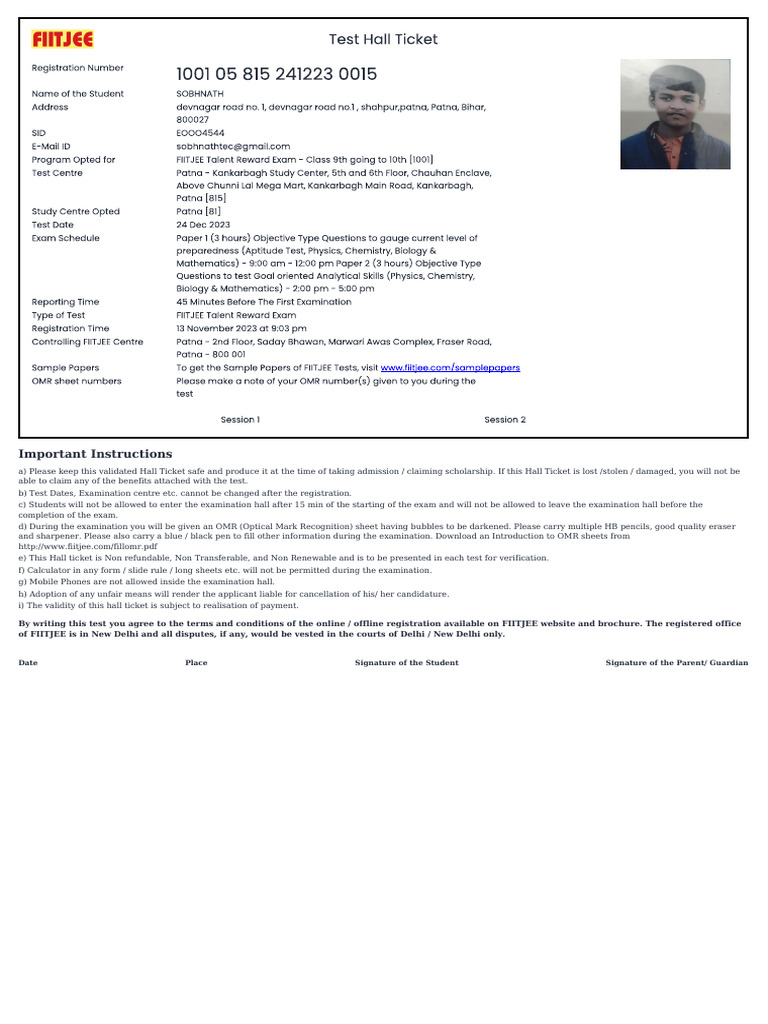 Fiitjee Hall Ticket | PDF