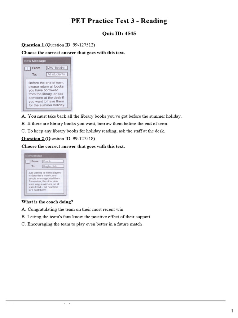 PET Practice Test 3: Reading Quiz | PDF | Whales