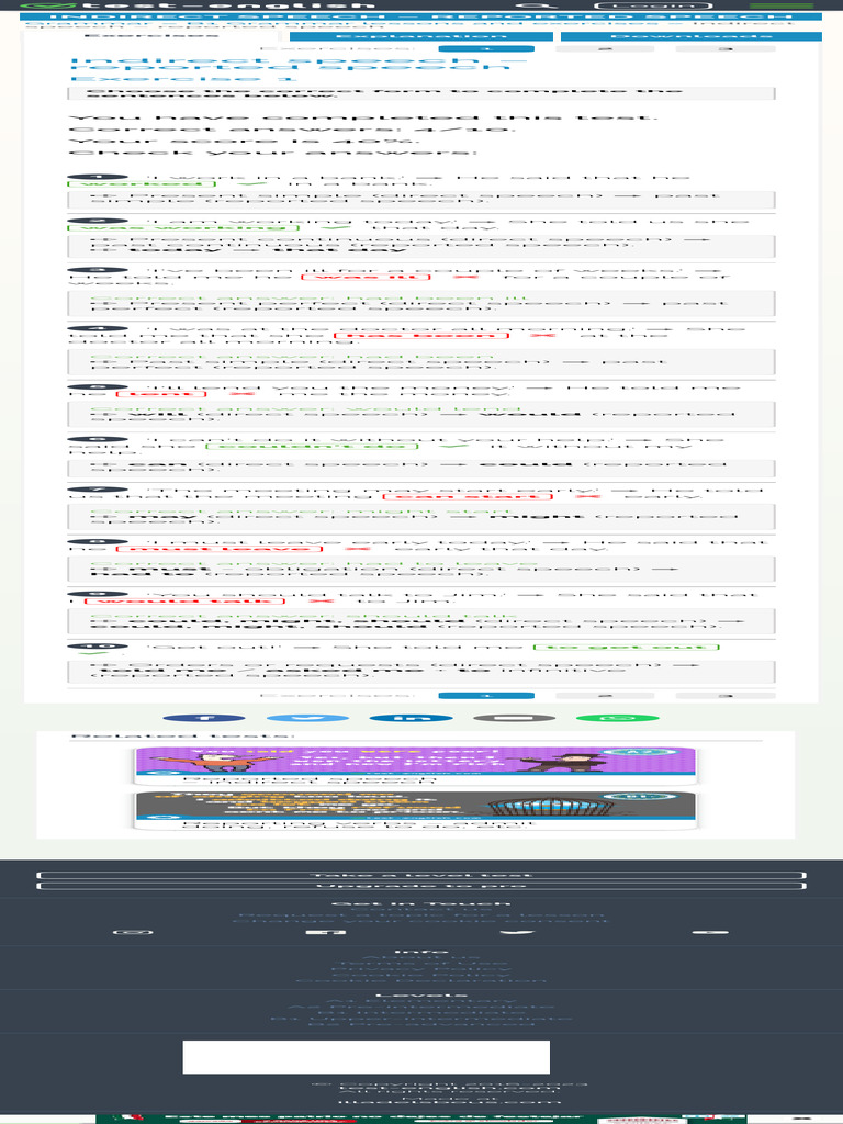 Indirect Speech - Reported Speech - Test-English | PDF | Languages ...