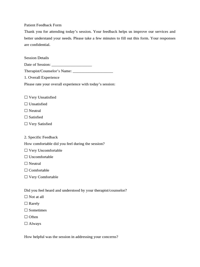 Patient Feedback Form | PDF | Health Care | Psychology
