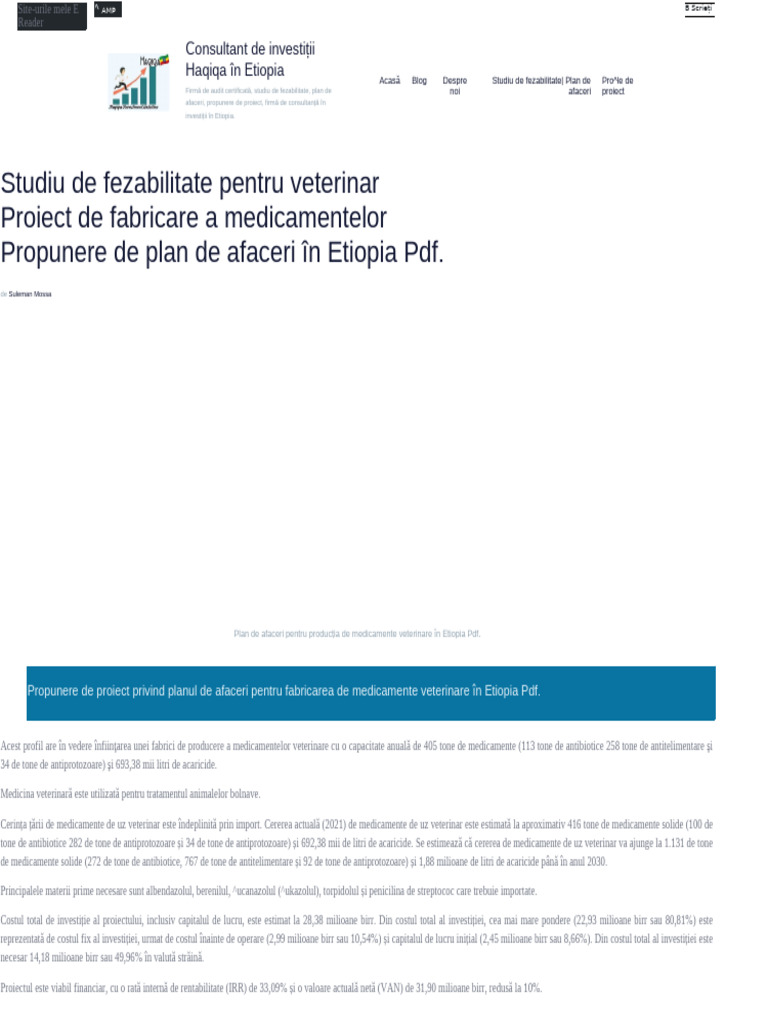 Studiu de Fezabilitate Pentru Veterinar Proiect de Fabricare A Medicamentelor Propunere de Plan ...