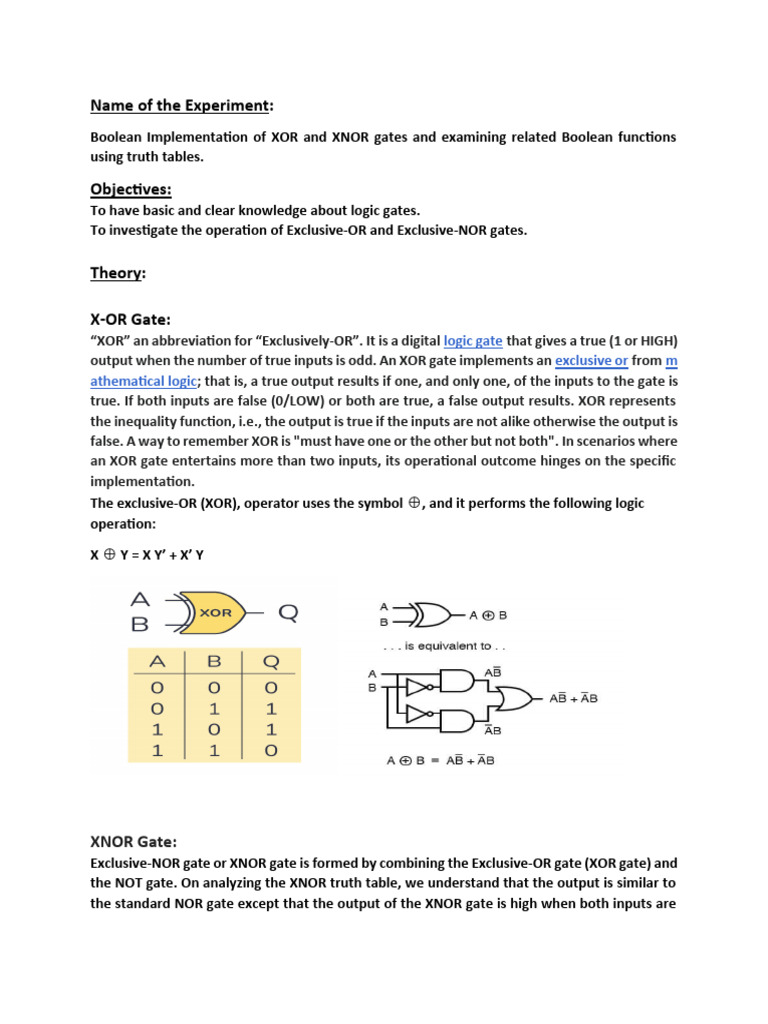 XOR and XNOR Gate Truth Tables | PDF | Logic Gate | Electrical Circuits