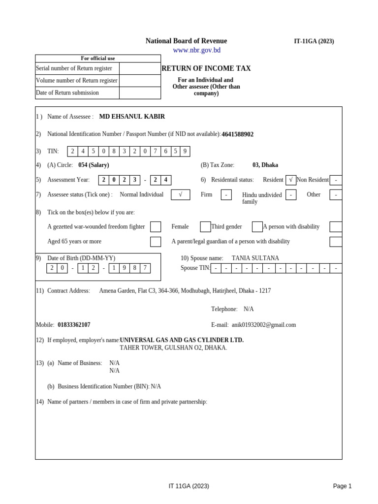 TAX Return MD Ehsanul Kabir AY 2024-25 - New Reduce Tax | PDF | Taxes | Expense
