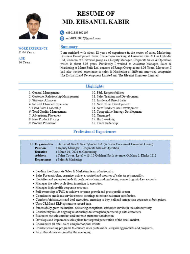 Corporate Sales Resume - Md. Ehsanul Kabir | PDF | Sales | Marketing