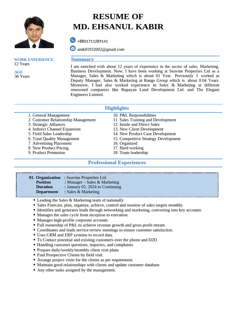 Resume of Md. Ehsanul Kabir - MKT2 | PDF | Marketing | Sales
