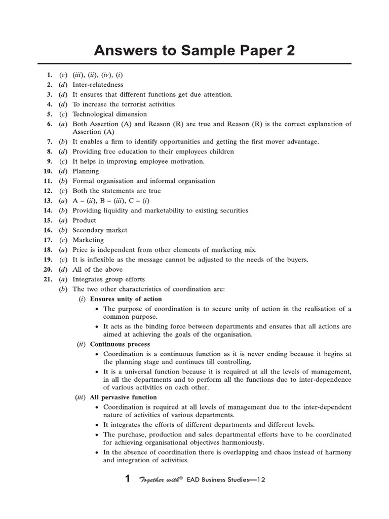 Cbse Cl12 Ead Business Studies Answers To Sample Paper 2 2025 | PDF