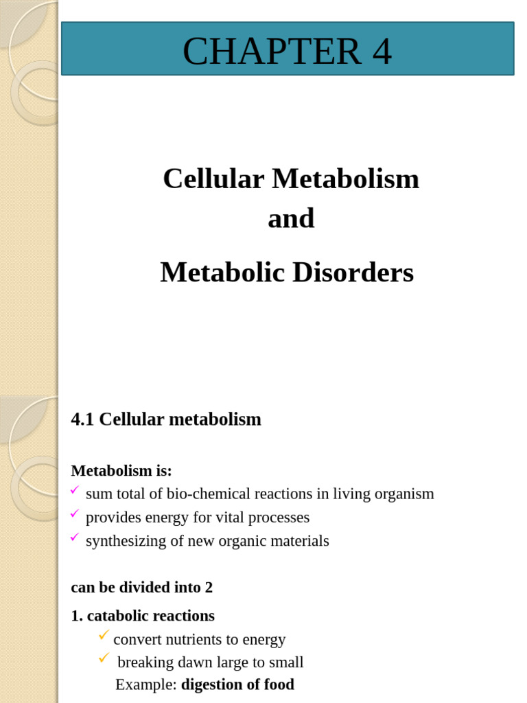 Chapter 4 Cellular Metabolism and Metabolic Disorders | PDF | Glycolysis | Adenosine Triphosphate