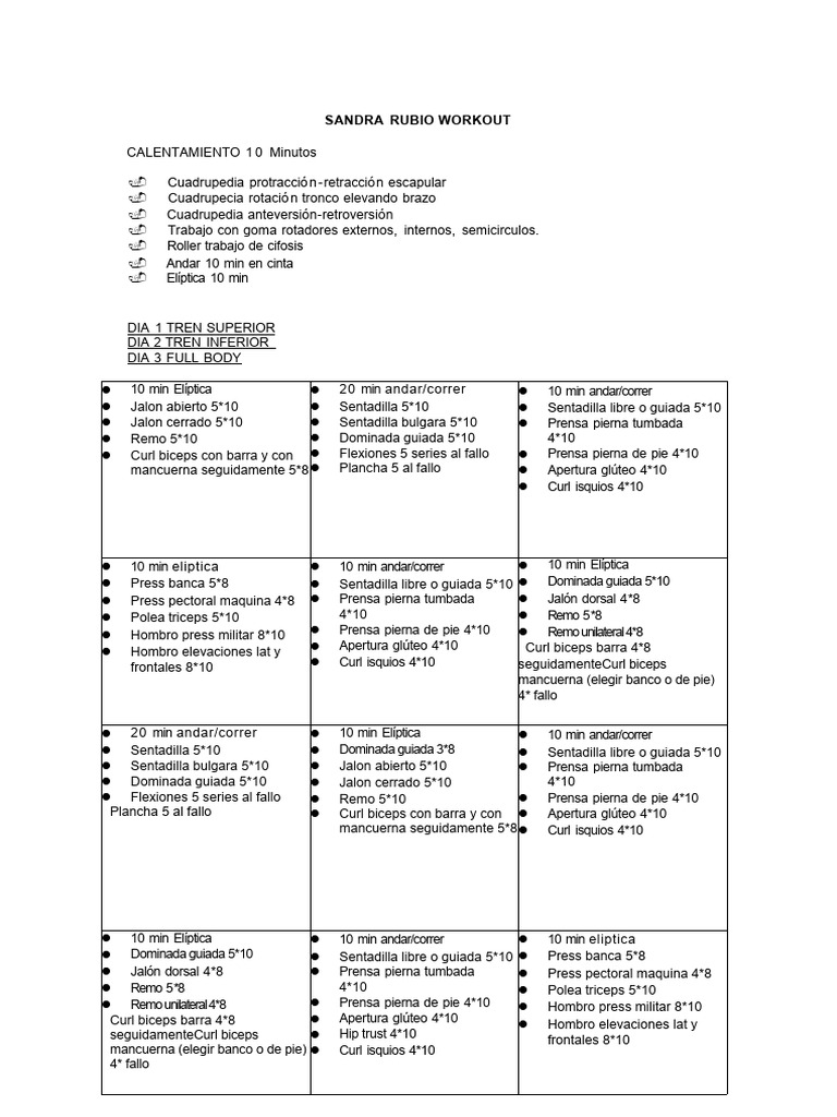 Rutina Completa de Ejercicios Sandra Rubio | PDF | Ejercicio físico ...