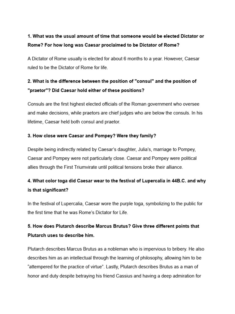 Julius Caesar Questions | PDF | Julius Caesar | Roman Republic