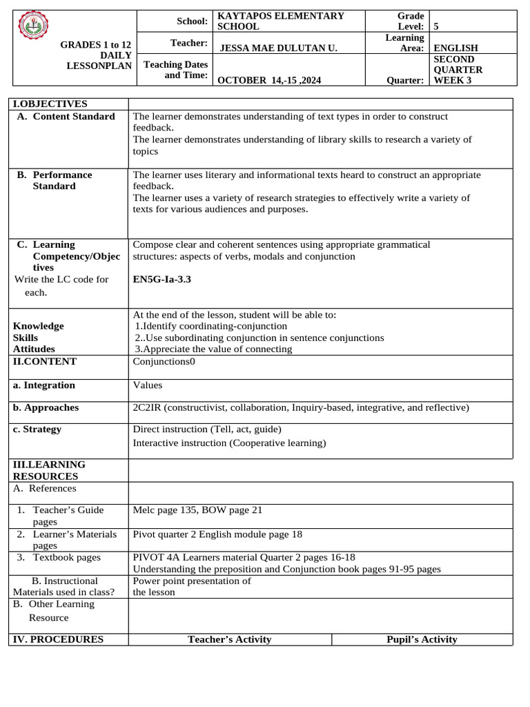 Grade 5 English Week 3 D1234 | PDF | Learning | Teachers