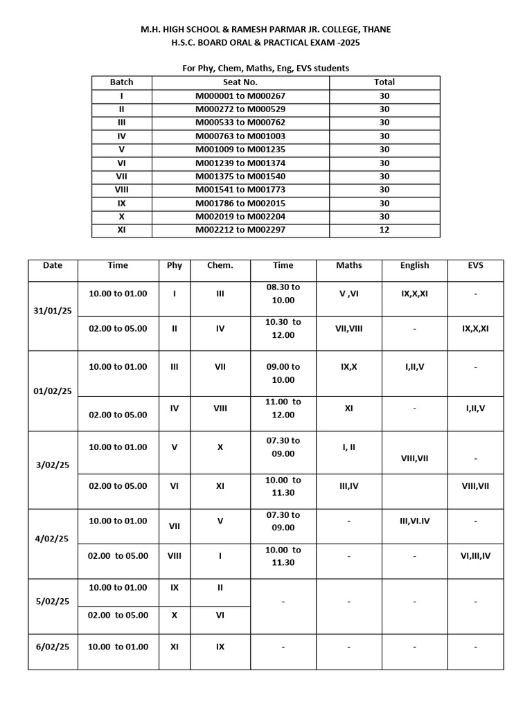 HSC Exam Schedule 2025 for Thane Students | PDF