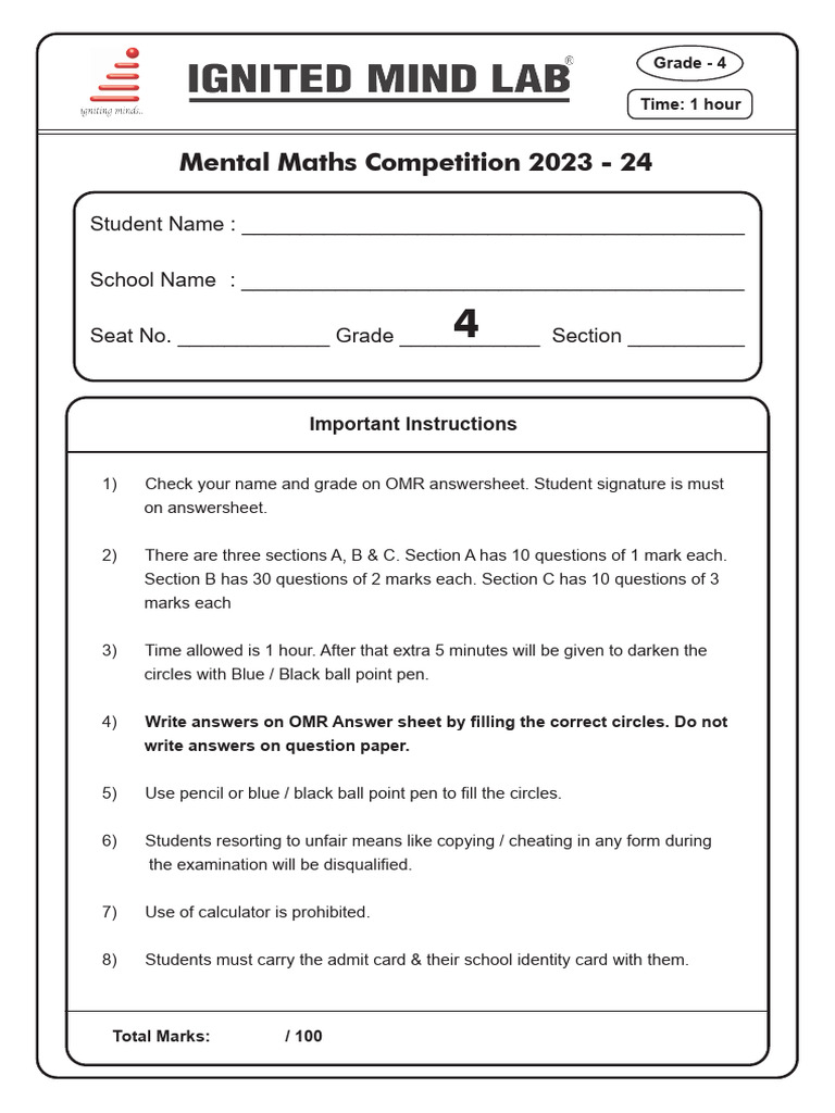 Ignite Mind Labs Test Papers | PDF | Division (Mathematics) | Arithmetic