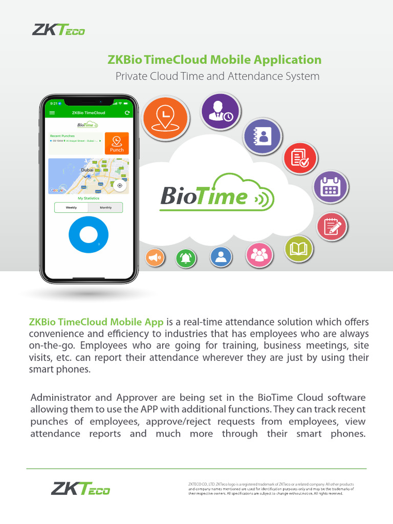 ZKBio TimeCloud Mobile App Datasheet | PDF