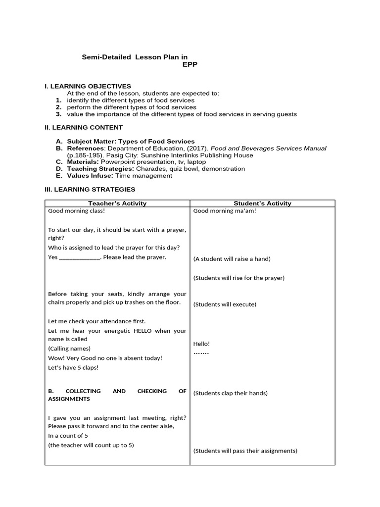 Lesson Plan in EPP - John Aries Solano | PDF | Tableware | Restaurants