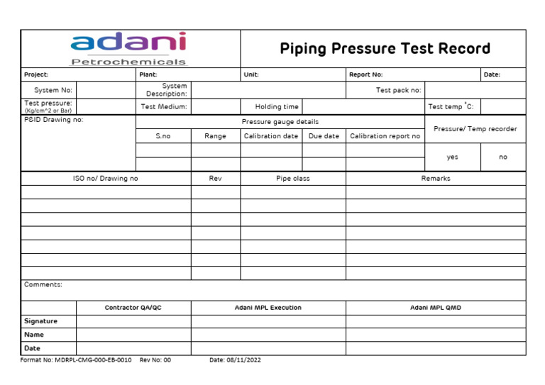 Piping Pressure Test Record MDRPL-CMG-000-EB-0010 | PDF