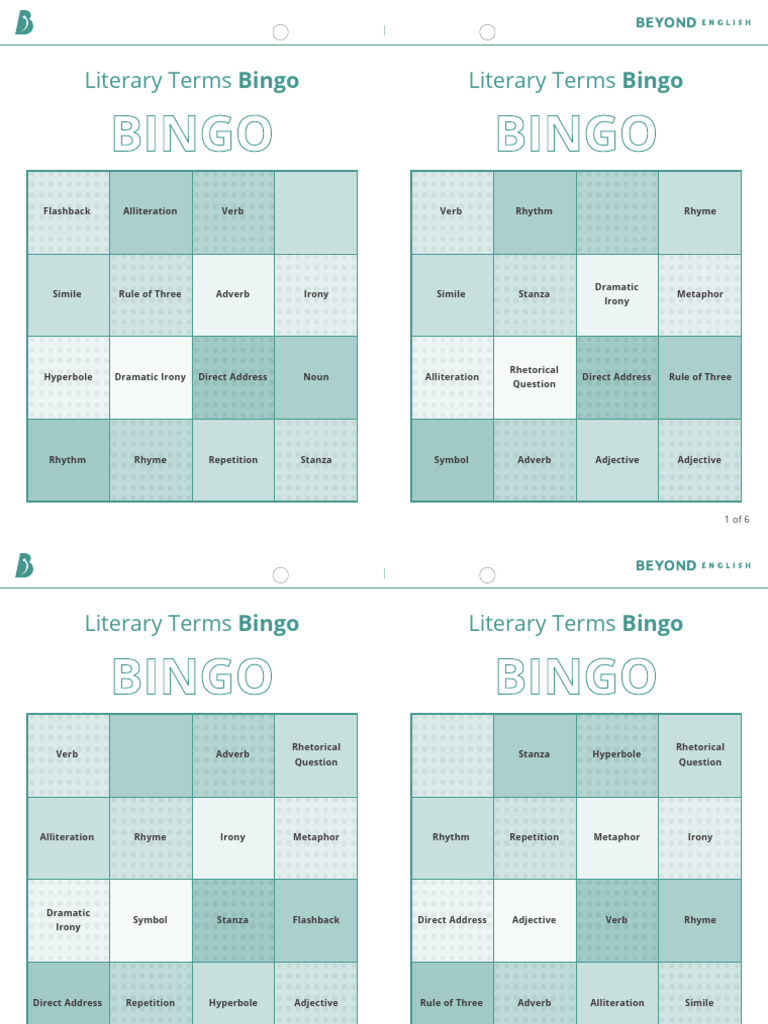 Literary Terms Bingo Player Cards 1 To 12 Lower Ability | PDF | Adverb ...