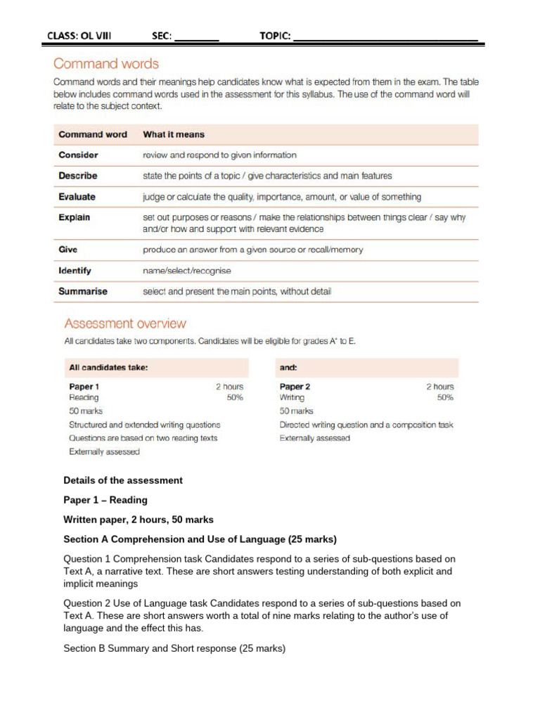 Command Words Details of The Assessment | PDF