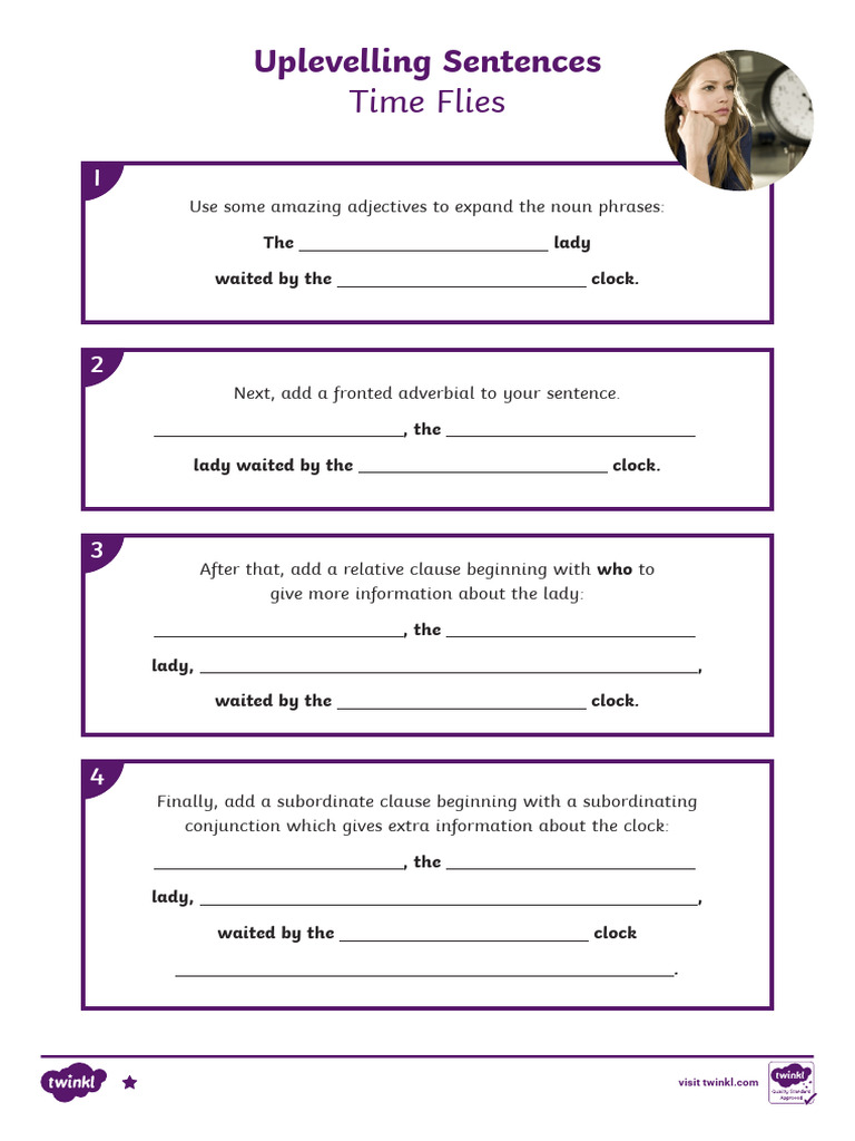 UKS2 Uplevelling Sentences Activity Sheets - Time Flies | PDF | Adjective | Sentence (Linguistics)