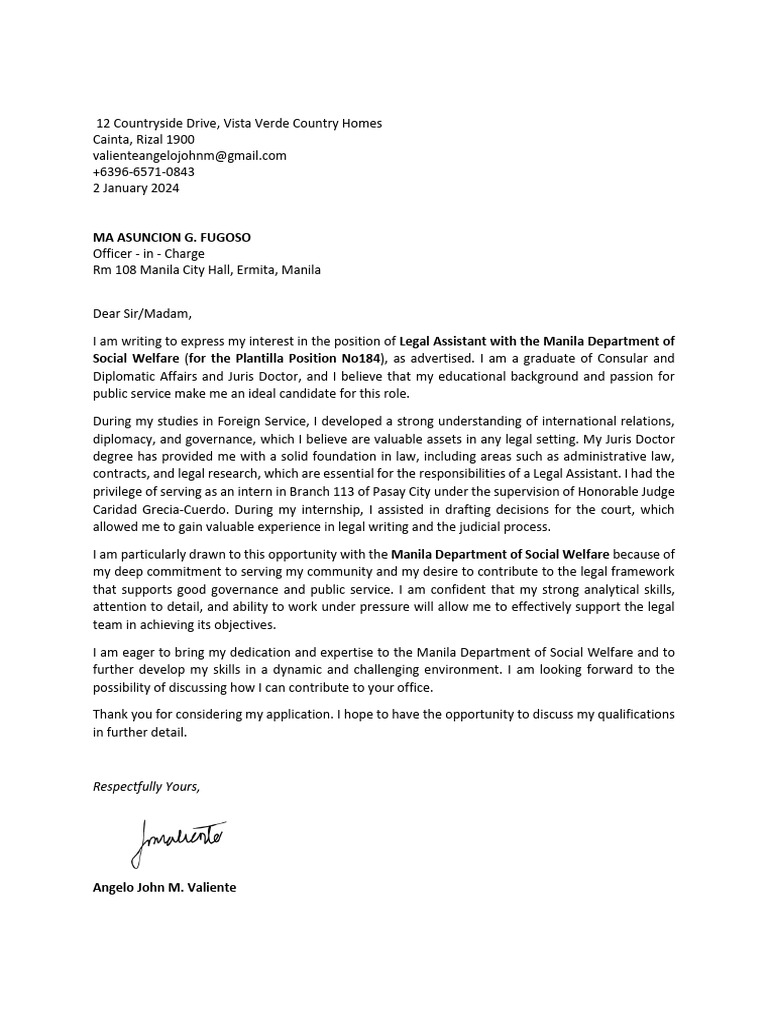 Application Letter - Manila Social Welfare | PDF
