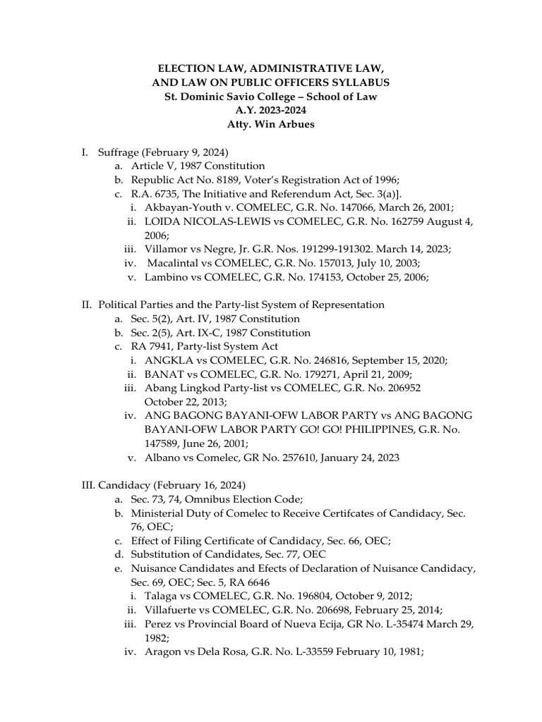Election Law Syllabus 2023-2024 | PDF | Commission On Elections ...