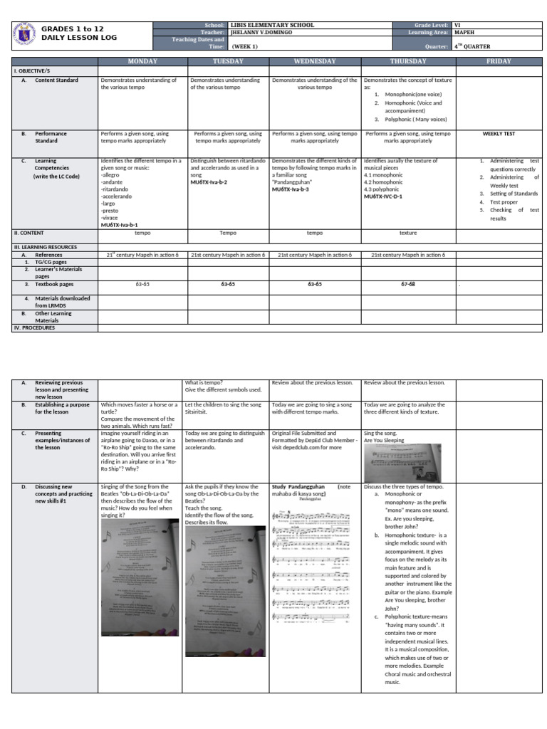 DLL_MAPEH 6_Q4_W1 | PDF | Tempo | Songs
